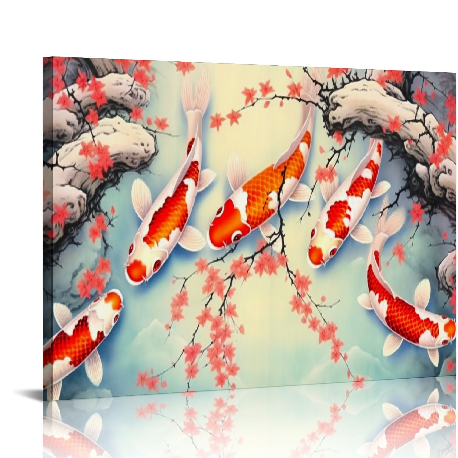 COMIO Print Chinese Abstract Nine Koi Fish Lotus On Canvas Poster Feng ...