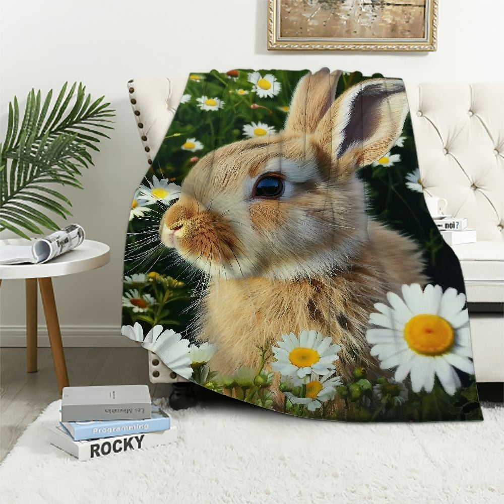 MLJA Rabbit Blanket Daisy Flowers Beige Bunny Blanket Soft Fuzzy Plush ...