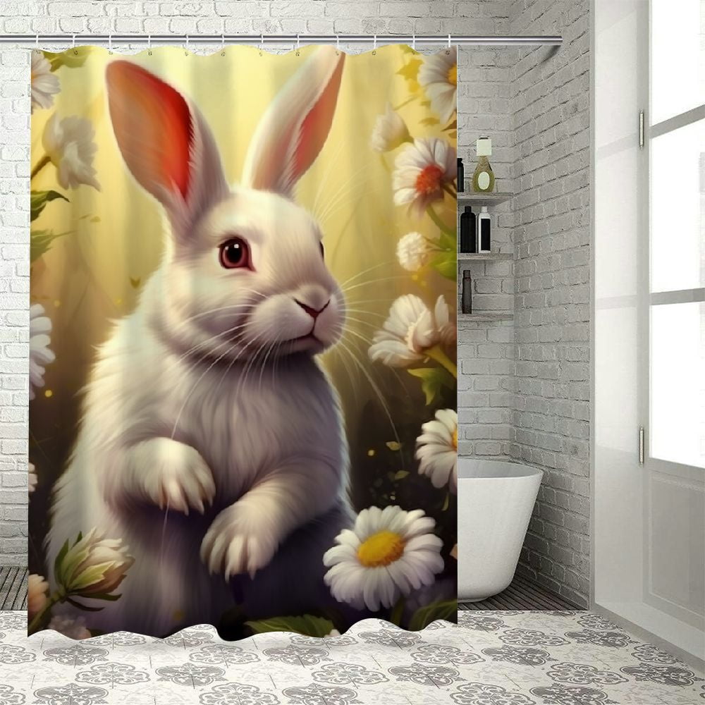 COMIO Rabbit and Flower Shower Curtain for Bathroom Decoration White ...