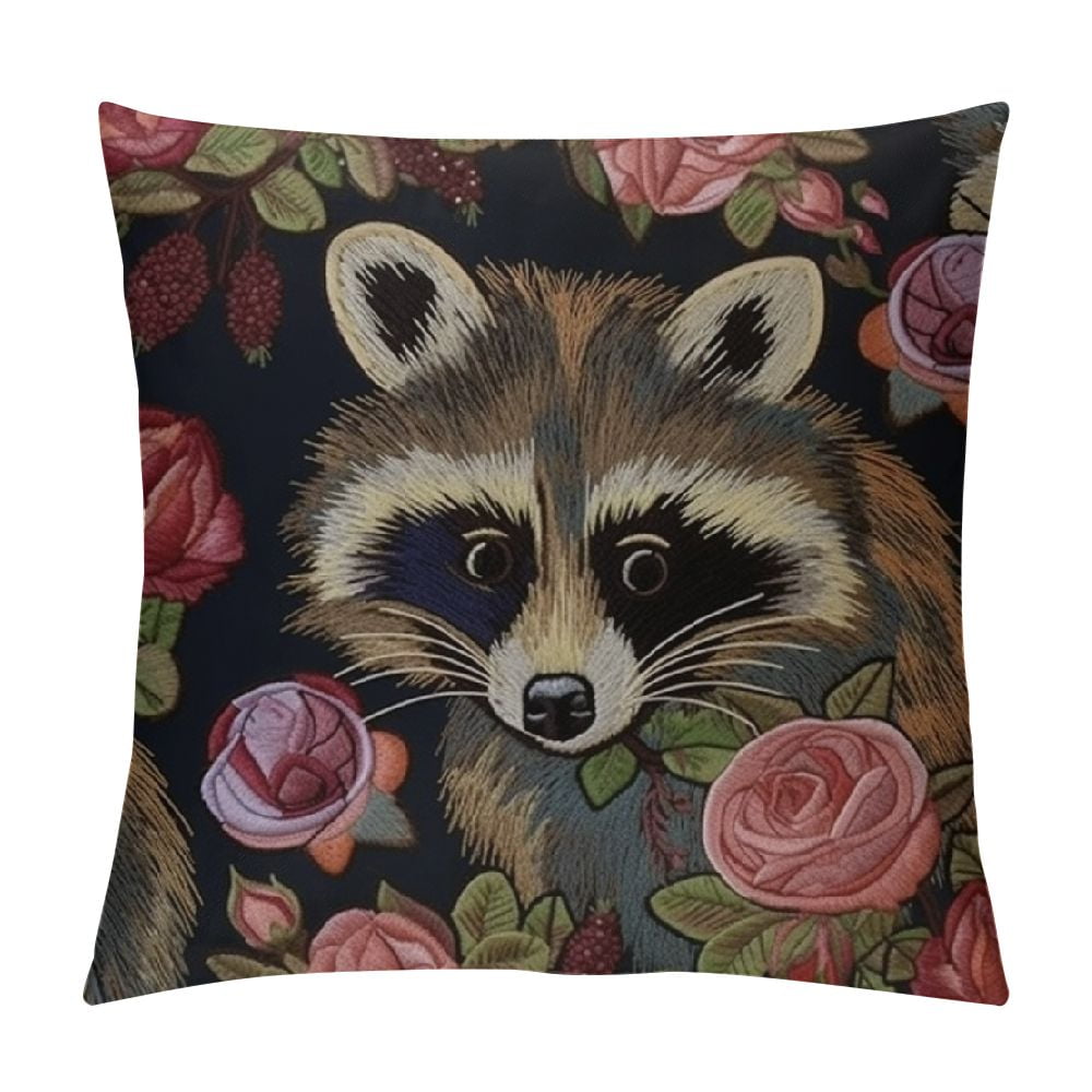 COMIO Raccoon Pillow Case,Funny Raccoon Head and Roses Art Pattern ...