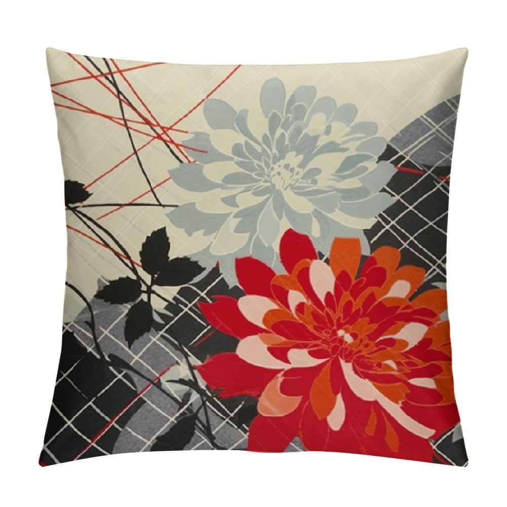 COMIO Red Black and Grey Dahlia Floral Pillow Covers Outdoor Modern ...