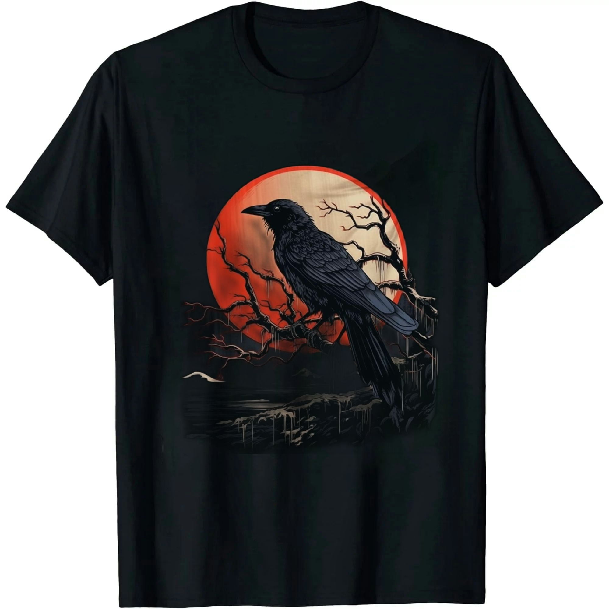 COMIO Red Moon Raven Graphic Black Crow T-Shirt - Walmart.com