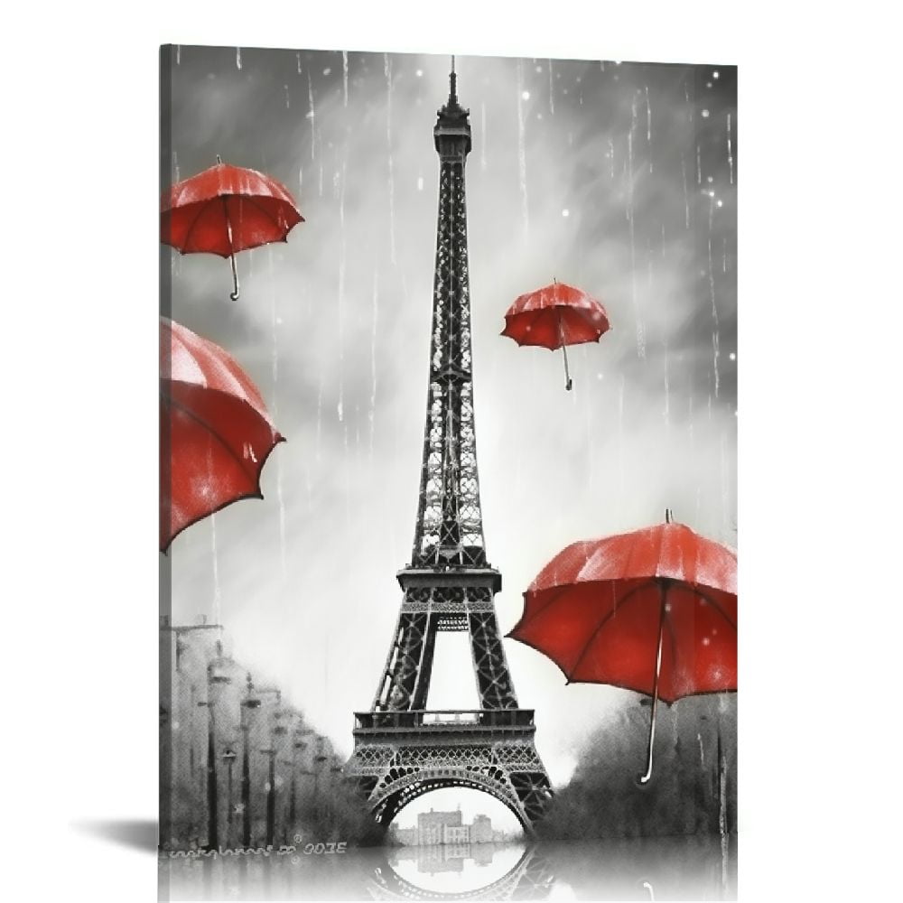 COMIO Red Paris Wall Art Canvas Black and White with Red Umbrella ...