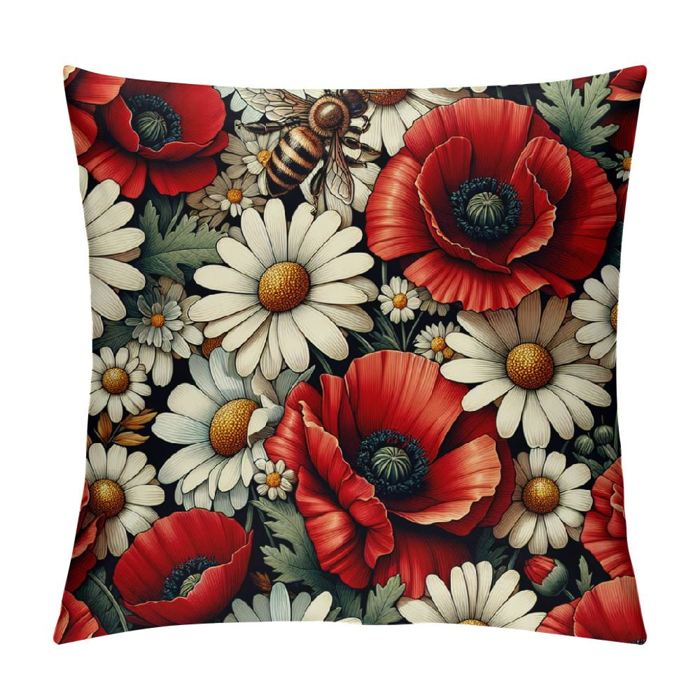 COMIO Red Poppy Throw Pillow Covers Romantic Garden Flowers Red Poppies ...
