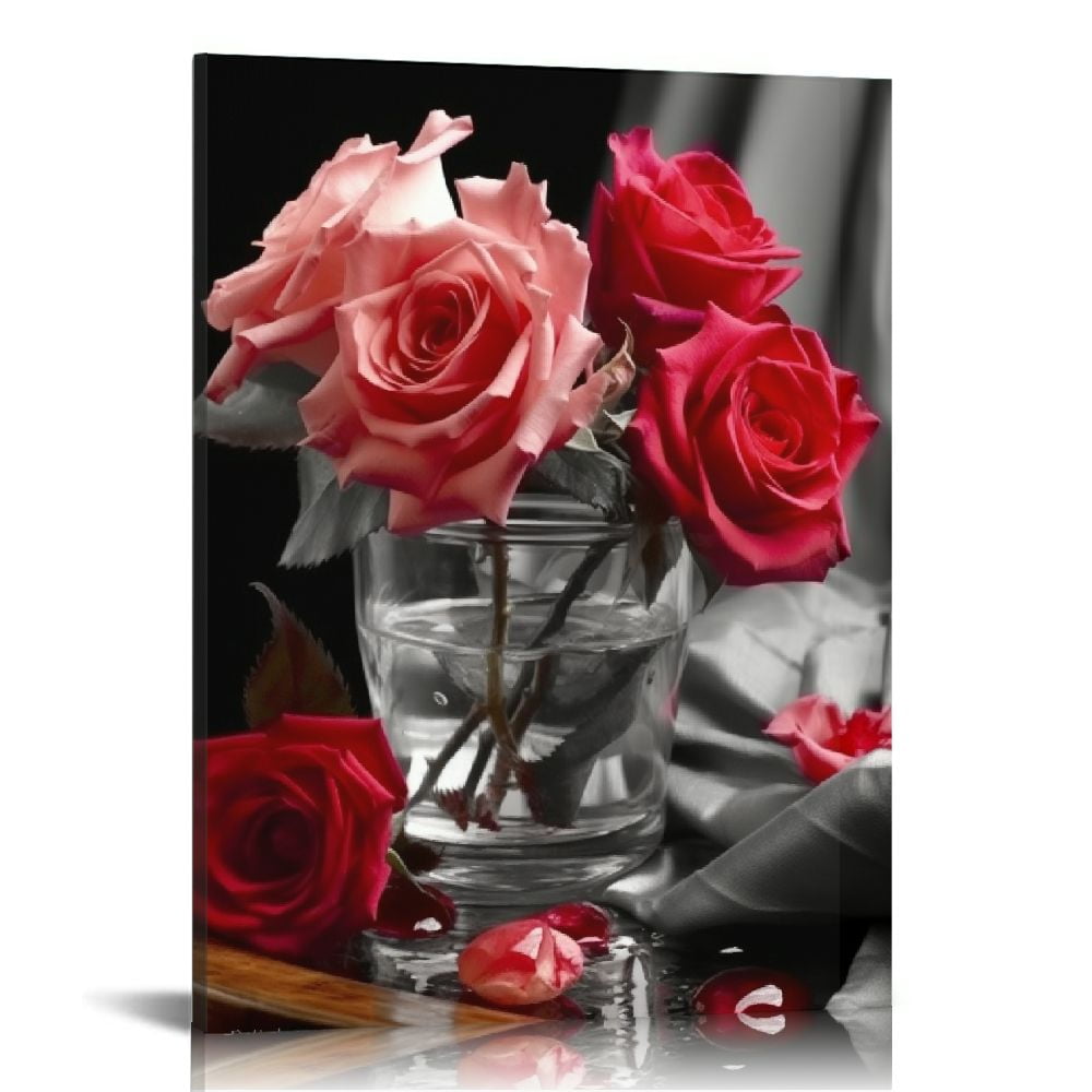 COMIO Red Rose Flower Wall Art Living Room Wall Decor Picture Canvas ...