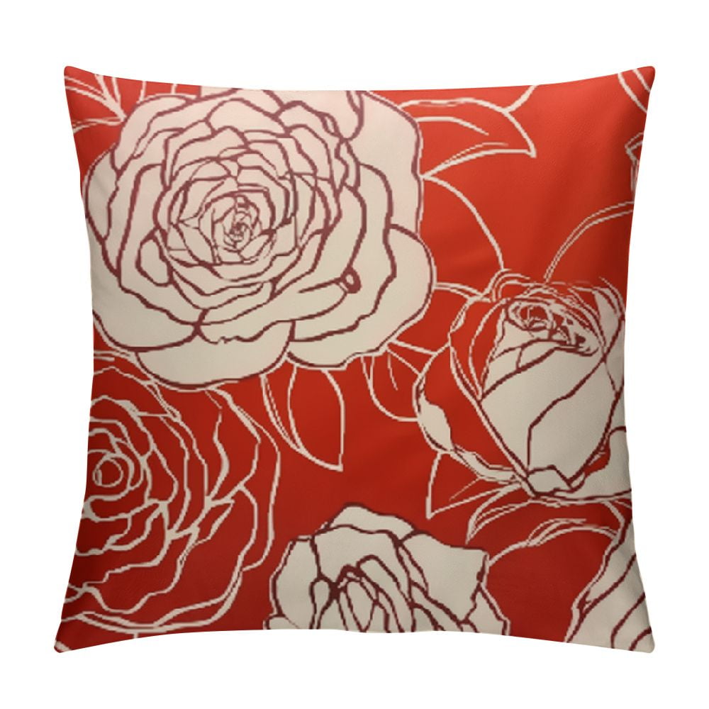 COMIO Red Rose Pillow Cover, Romantic Art Line Drawing Flower Petals ...