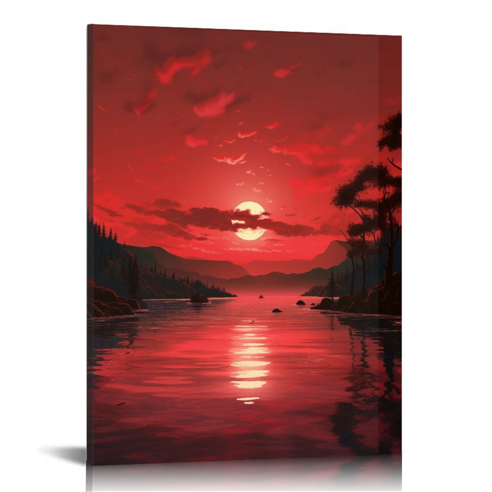COMIO Red Sun Canvas Prints Wall Art Ocean Sea Beach Pictures Paintings ...