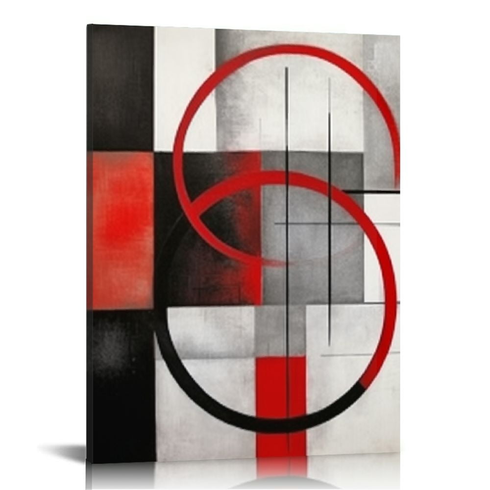 COMIO Red and Grey Abstract Geometric Circle Canvas Wall Art Rustic ...
