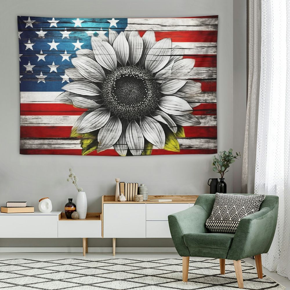 COMIO Retro American Flag Tapestry Black White Sunflower Wall Tapestry ...