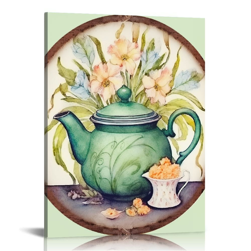 MLJA Retro Round Sign Floral Kitchen Teapot But First Sign Teapot Wall ...