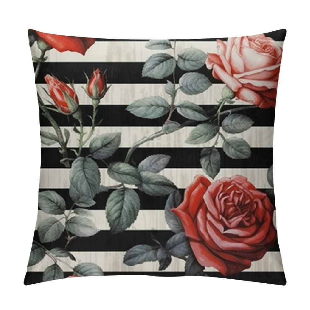 COMIO Romantic Rose Flower Throw Pillow Covers Black and White Stripes ...