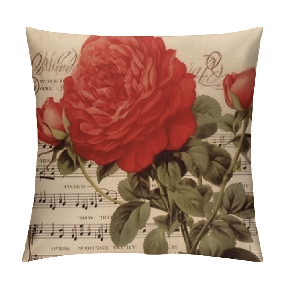 COMIO Rose Throw Pillow Cover, Blooming Red Rose with Flowers &Green ...