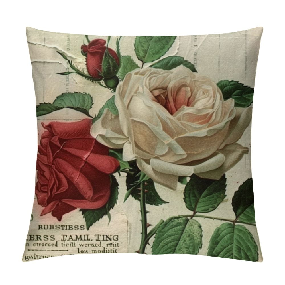 COMIO Rose Throw Pillow Cover, Blooming Red Rose with Flowers &Green ...
