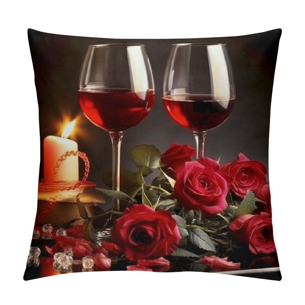 COMIO Rose Wine Glass Pillow Covers Red Black Rose Throw Pillow Covers ...