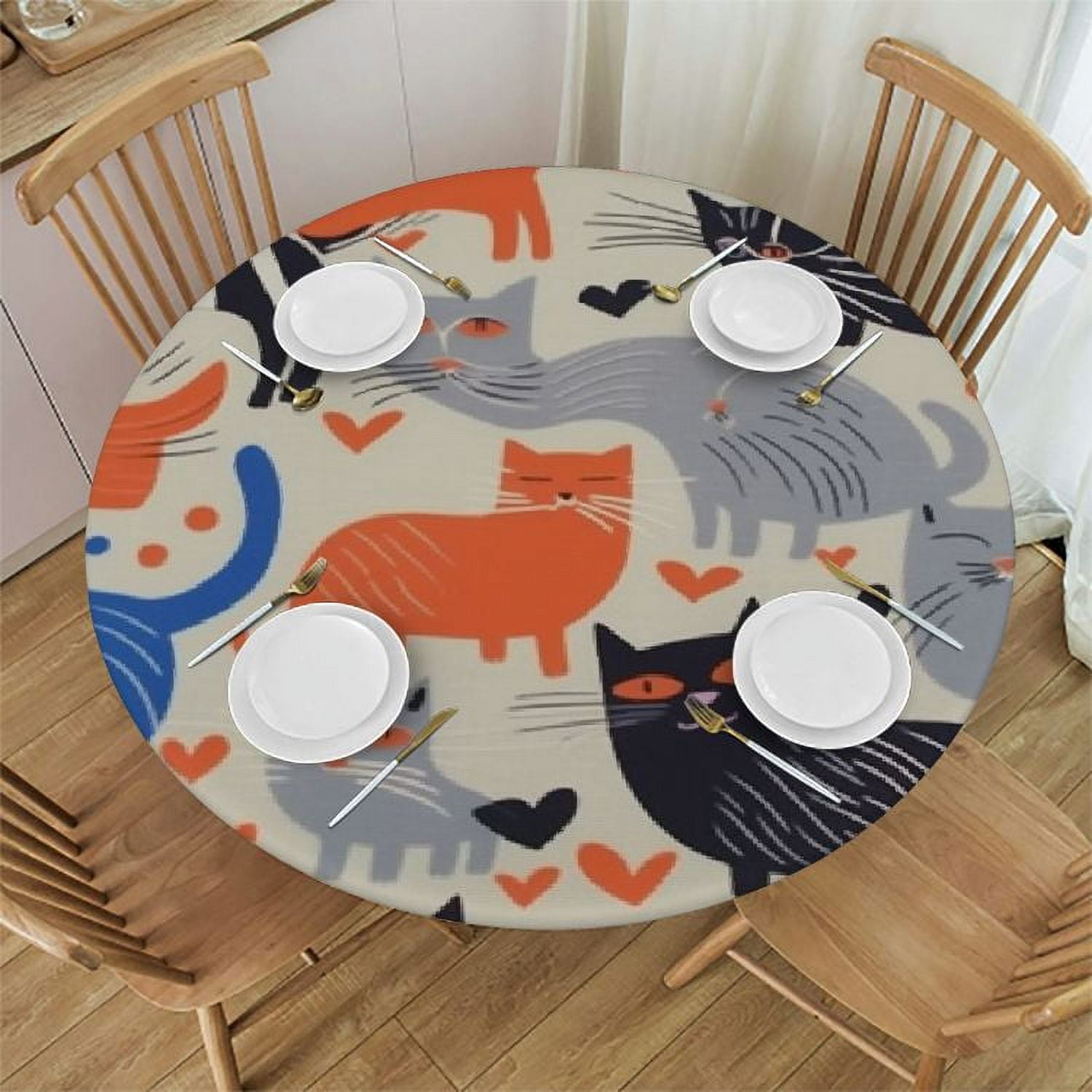 COMIO Round Tablecloth Cover Cat Line Art Fitted Table Clothes with ...