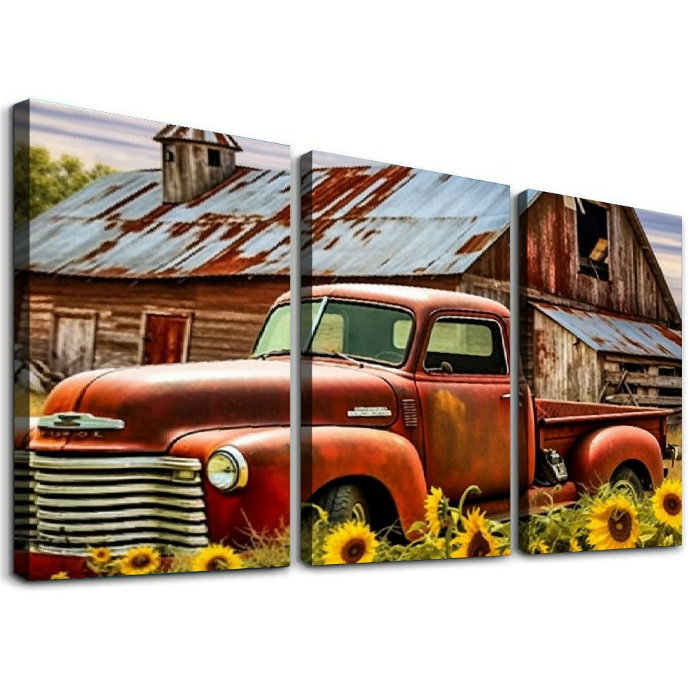 COMIO Rustic Farmhouse Canvas Wall Art Old Car and Cattle with Barn ...