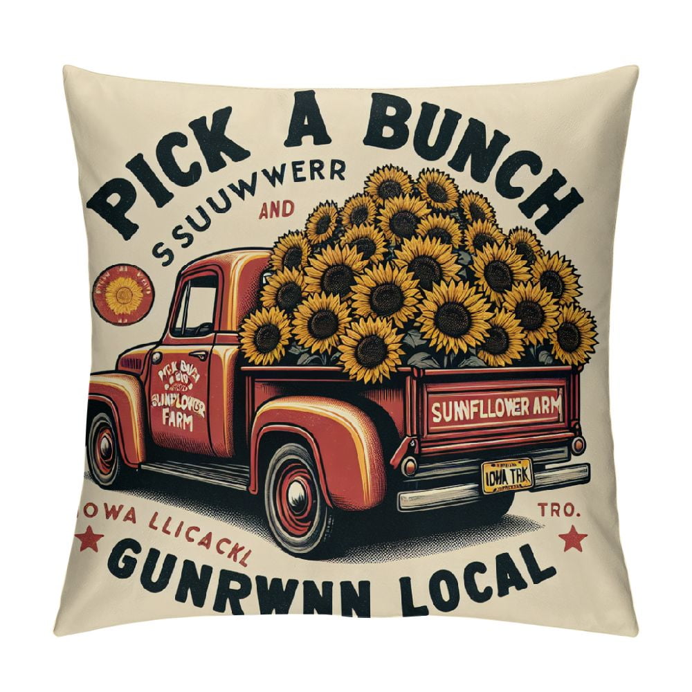 COMIO Rustic Farmhouse Throw Pillow Covers Red Truck Vintage Sunflower ...