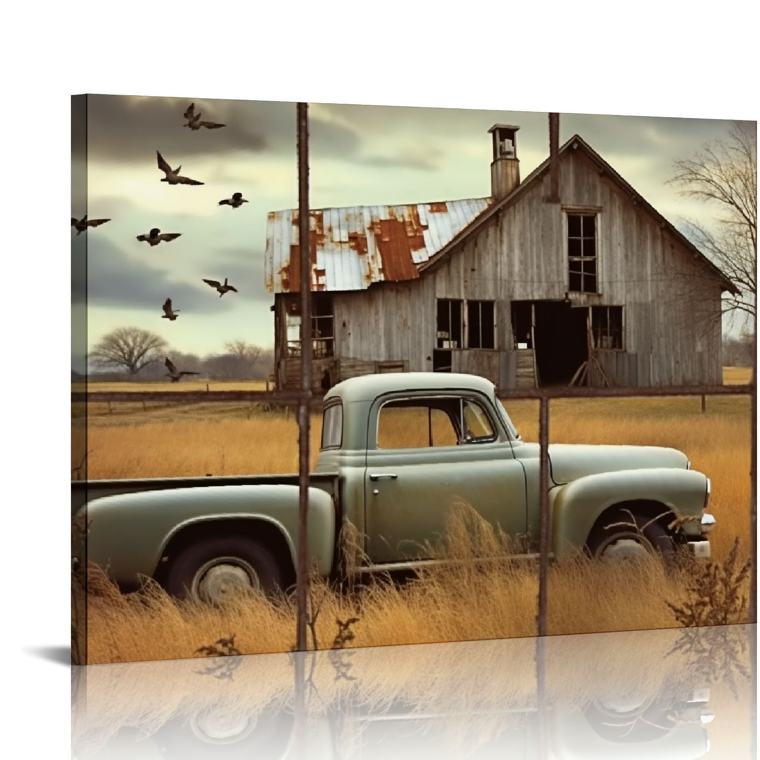 MLJA Rustic Old Barn Wall Art Beautiful Barn And Rustic Truck At Sunset ...