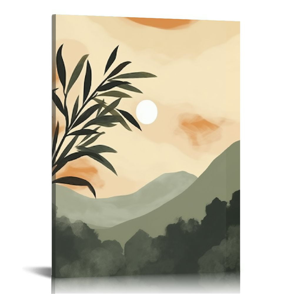 COMIO Sage Green Boho Wall Art Prints, Green Mountain Sun Palm Leaf ...