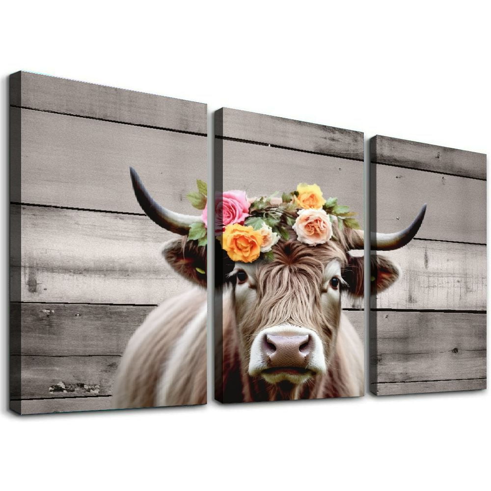 COMIO Scottish Highland Cow Headband Floral Bouquet Canvas Wall Decor ...