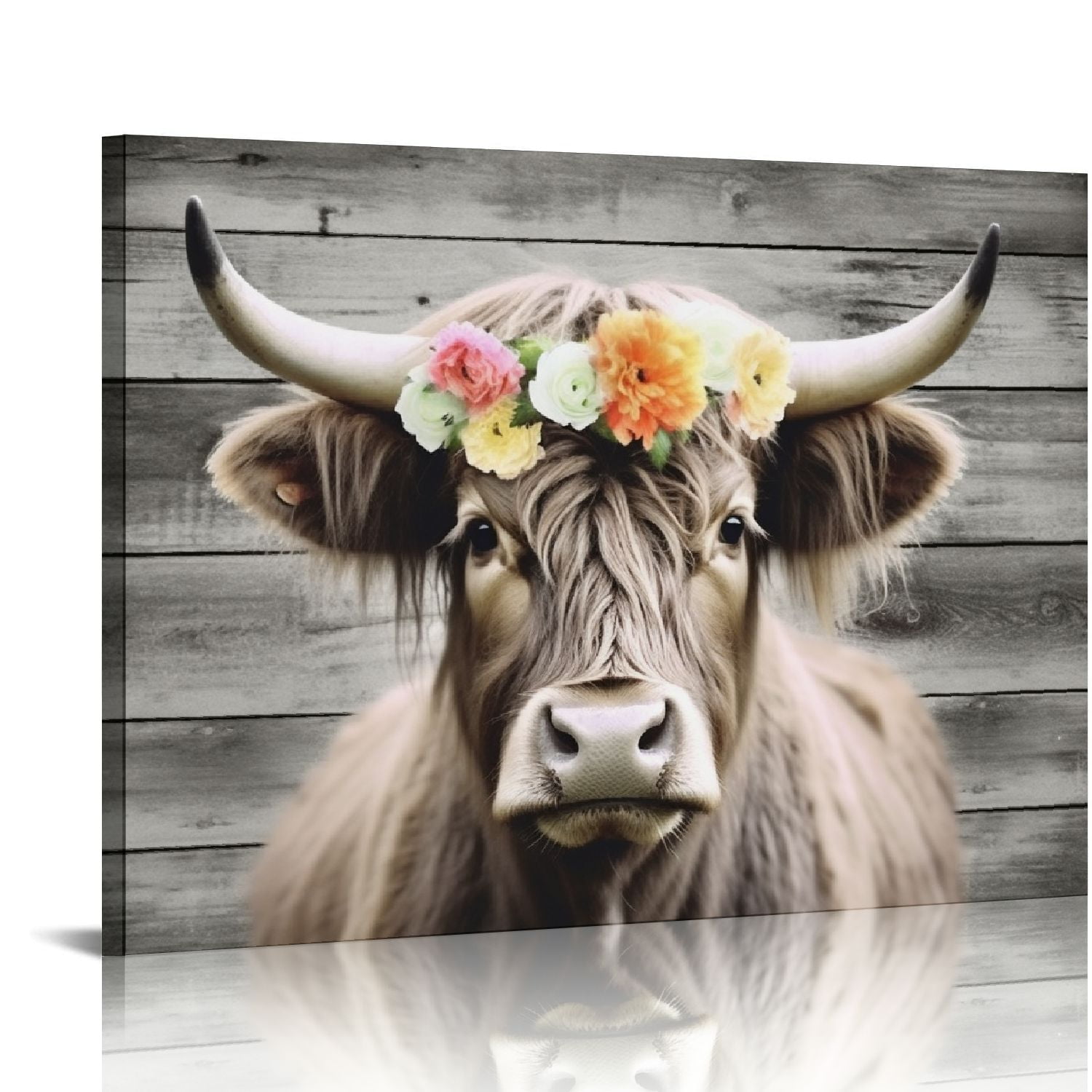 COMIO Scottish Highland Cow Headband Floral Bouquet Canvas Wall Decor ...