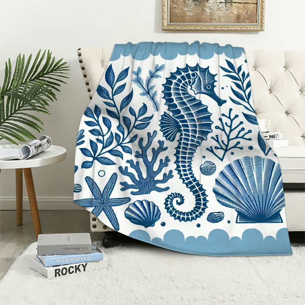 COMIO Sea Life Throw Blanket Seahorse Starfish Coral Sprigs and ...