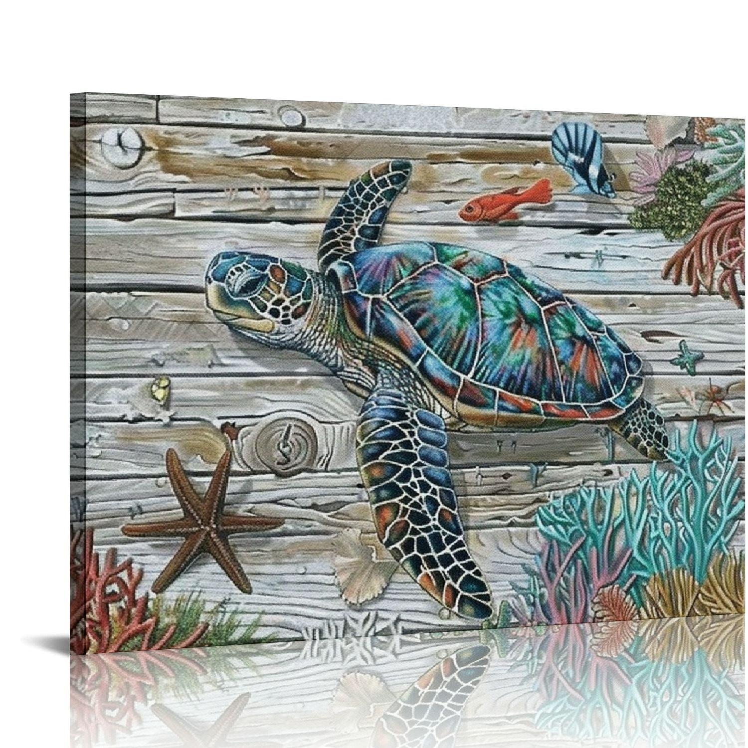 COMIO Sea Turtle Bathroom Wall Decor: Teal Coral Canvas Wall Art Sea ...