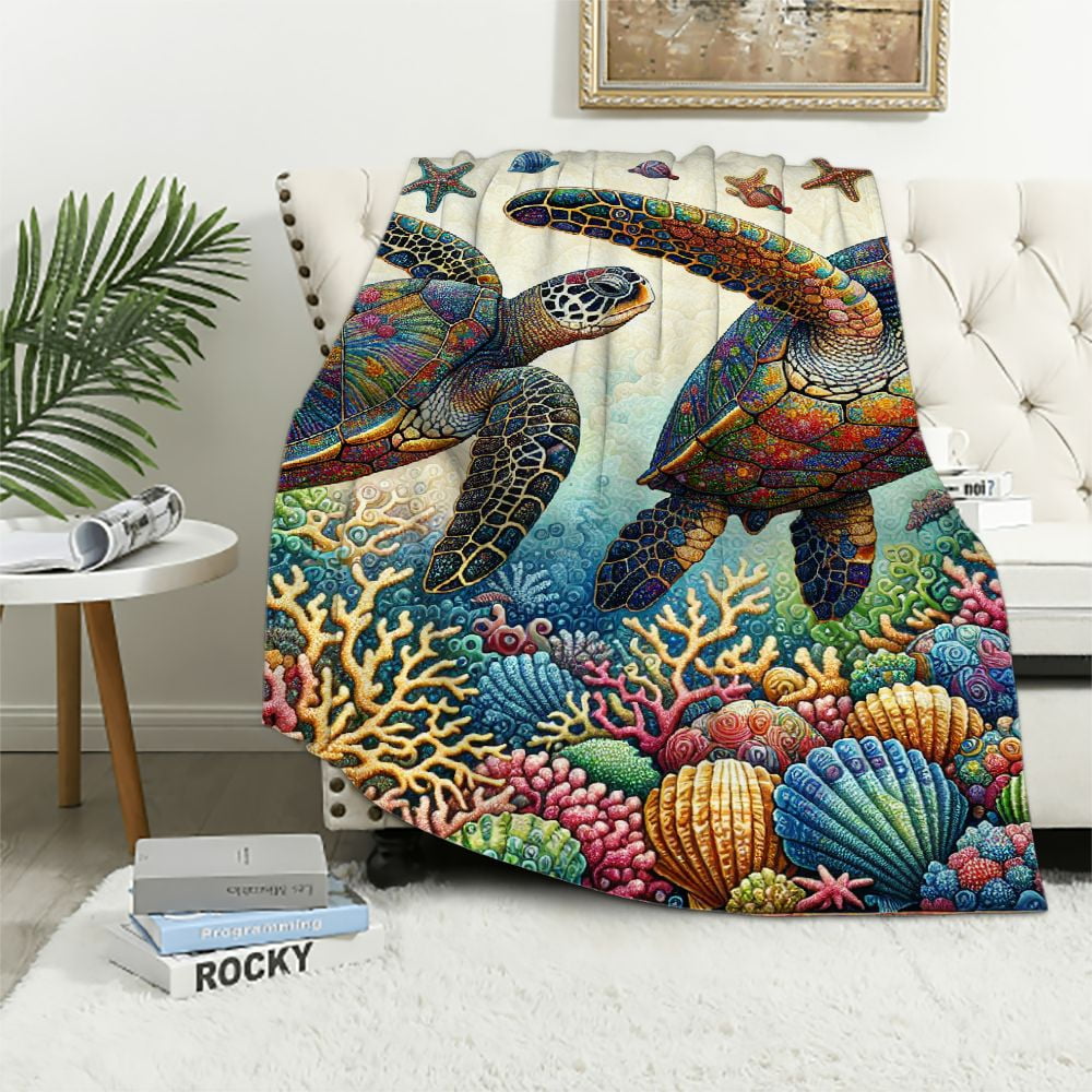 COMIO Sea Turtle Blanket Super Soft Cozy Ocean Sea Turtle Seashell ...