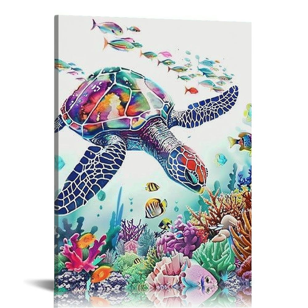 COMIO Sea turtles Bathroom Wall Art Colorful Turtles Pictures Wall Decor Ocean Turtles Canvas ...