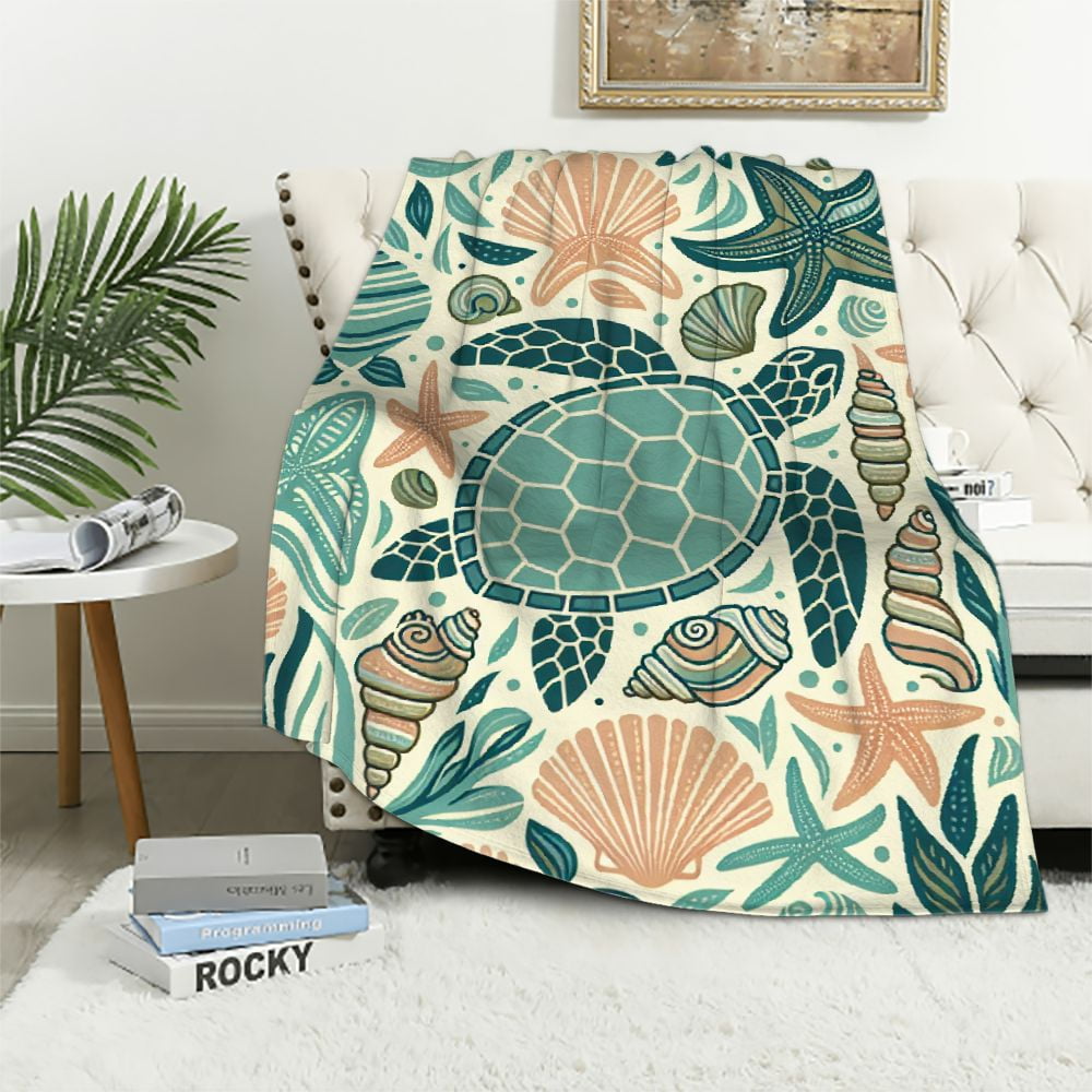 COMIO Seashell Blanket, Ocean Sea Turtle Coral Shell Starfish Super ...