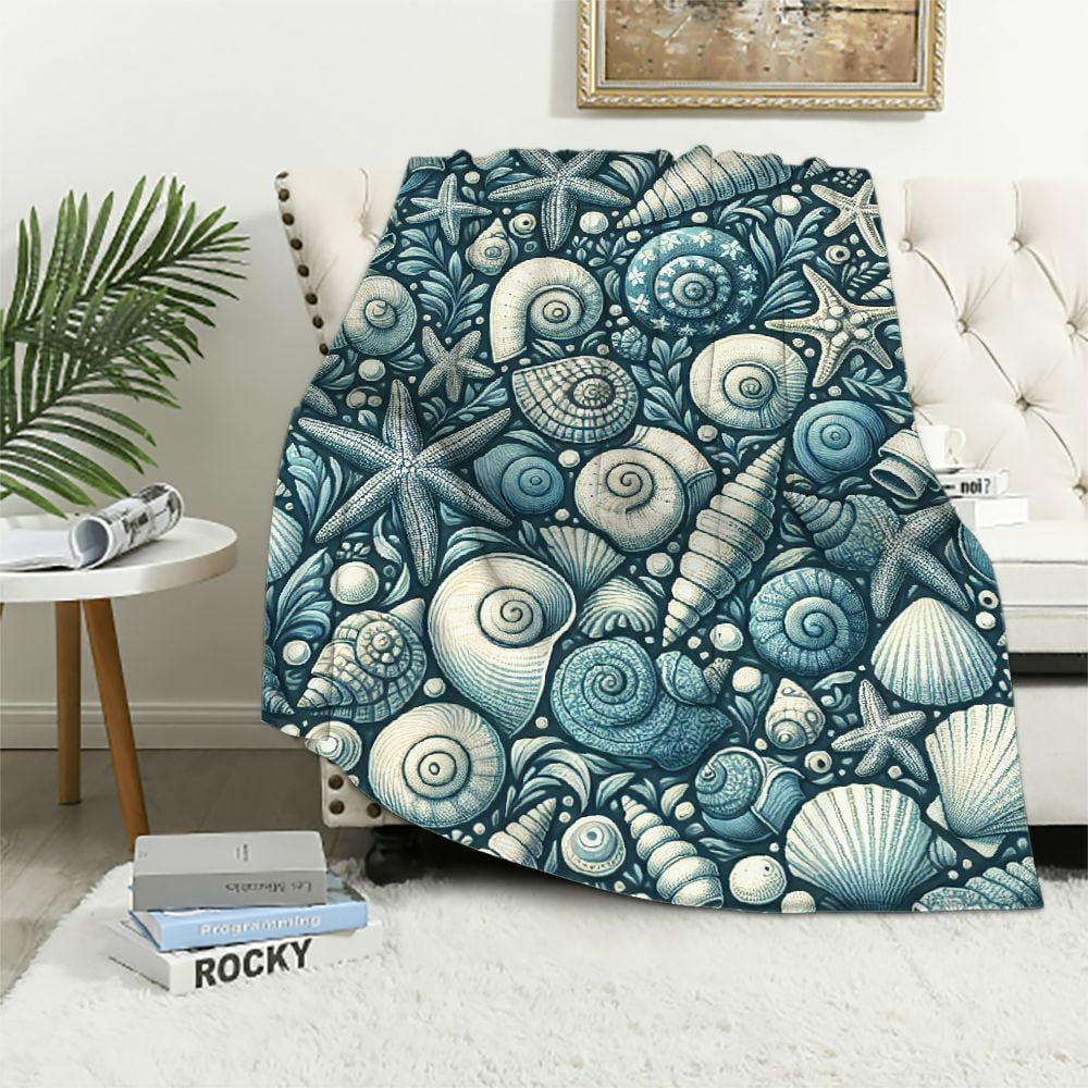 COMIO Ses Coastal Starfish Seashell Sand BeachThrow Blanket, White ...