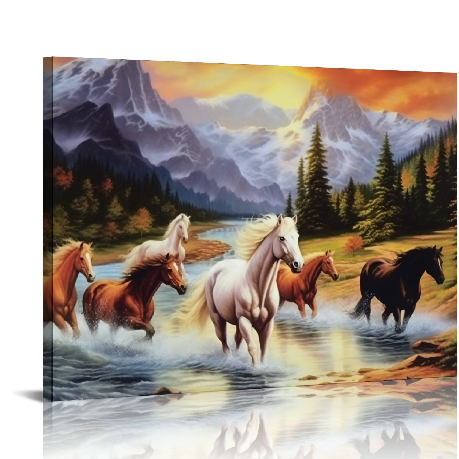 COMIO Seven Horses Walking Through River Oil Painting Wall Art Animal ...