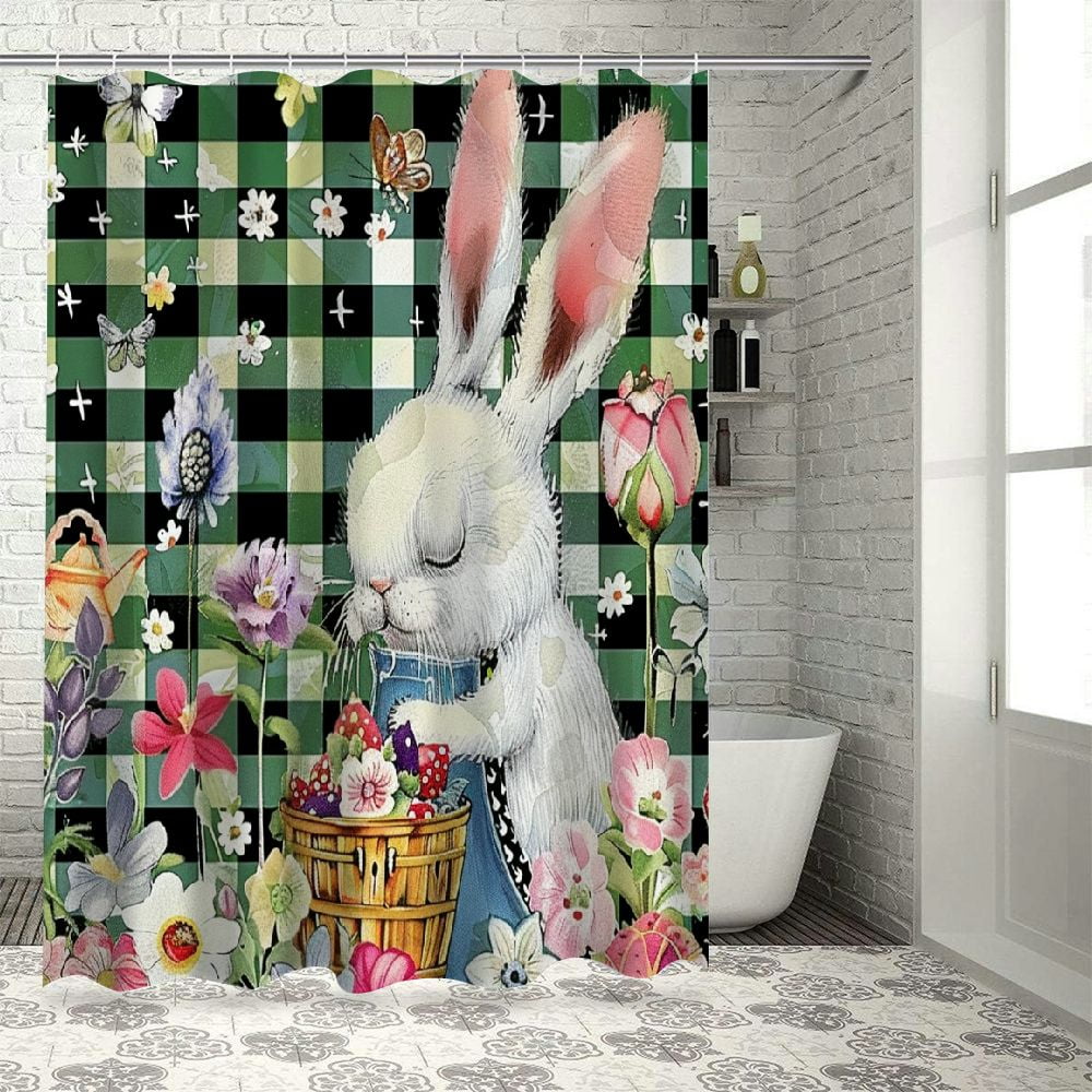 COMIO Shower Curtain Buffalo Plaid Bunny Gnomes Eggs Easter Spring Floral Multiple Sizes White ...