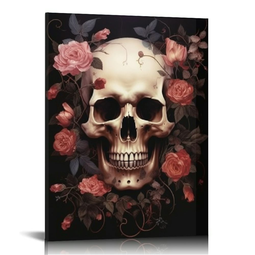 COMIO Skull Canvas Wall Art Abstract Skeleton and Pink Roses Poster ...