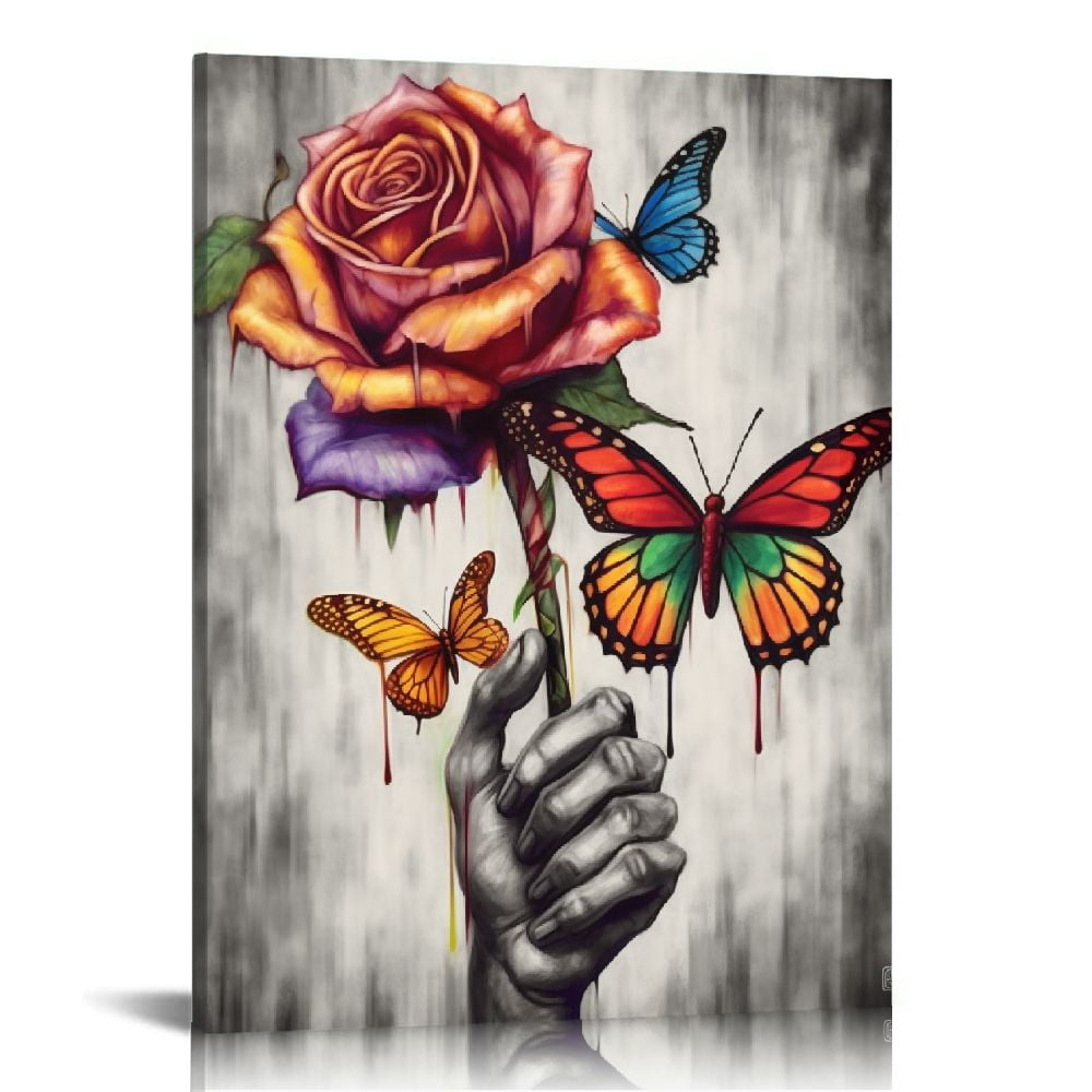 COMIO Skull Wall Art Canvas Abstract Colorful Rose and butterfly ...