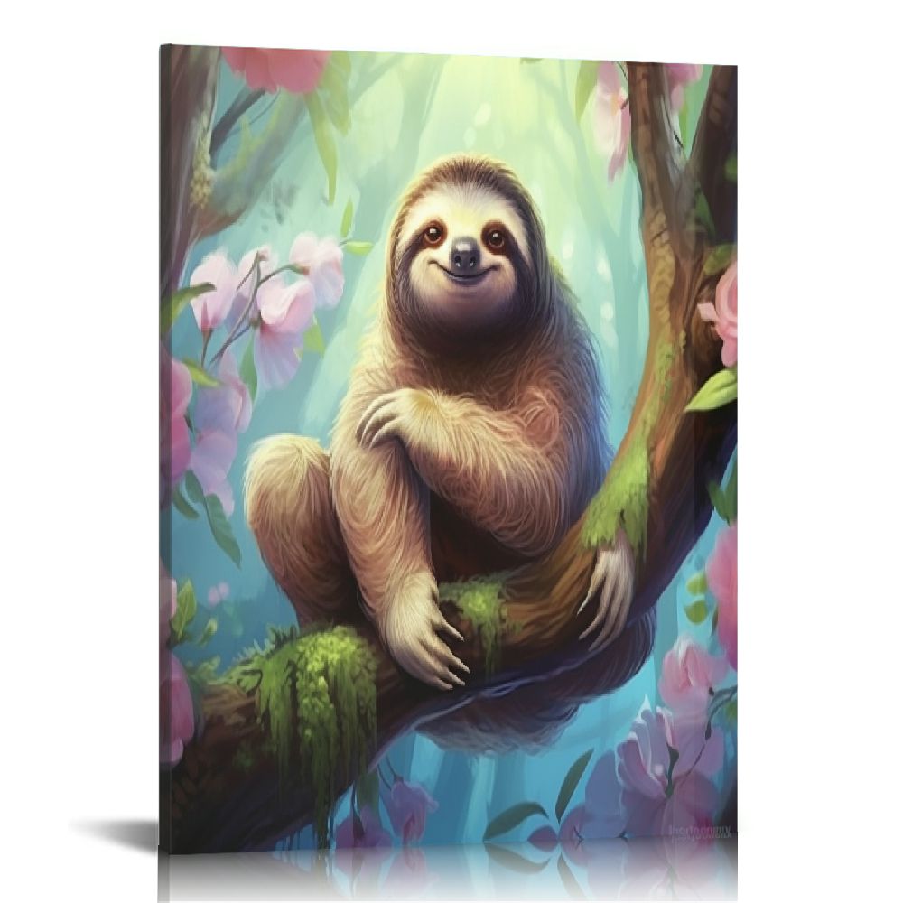 COMIO Sloth Colorful Tree Wall Art Decor Canvas Painting Framed Artwork ...