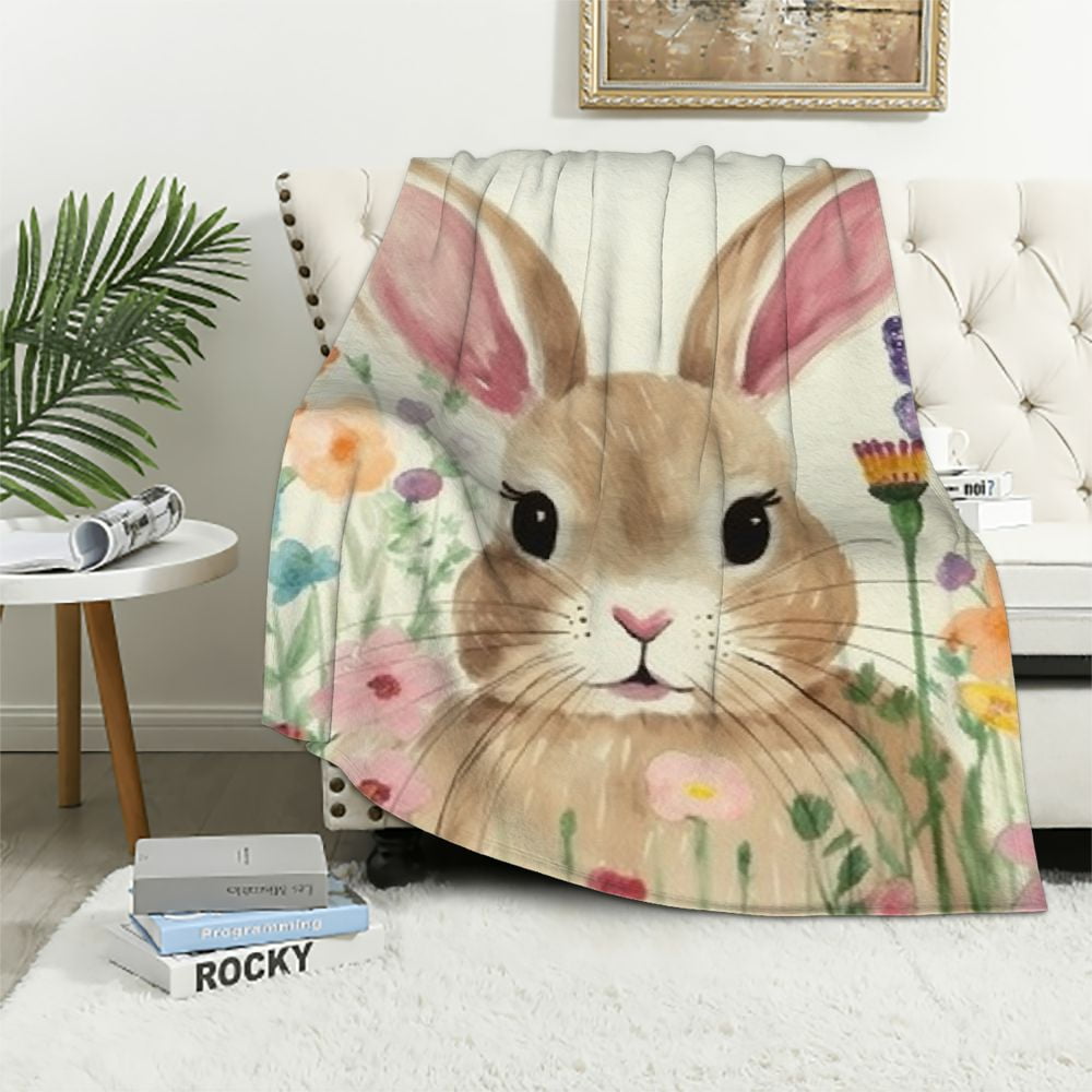 COMIO Soft Plush Blankets Easter Funny Bunny Floral Rabbit White ...