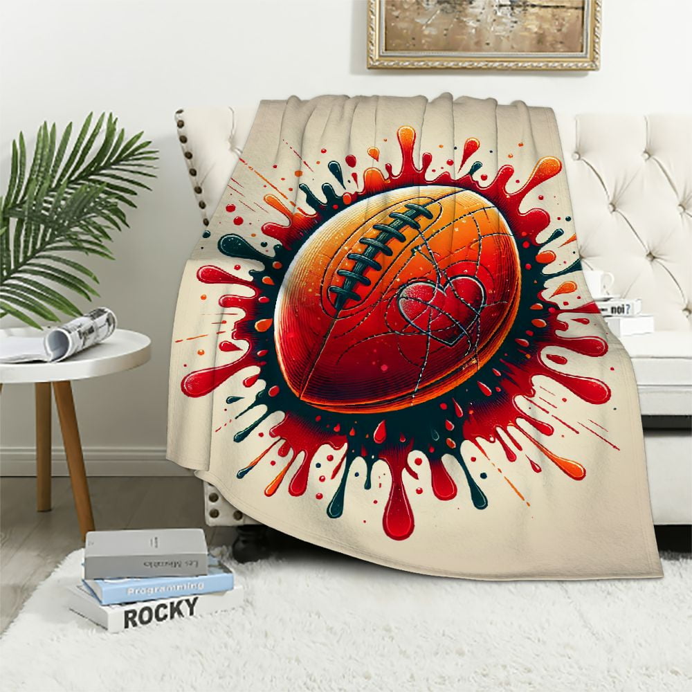 COMIO Sports Throw Blanket, Rugby Ball in Digital Watercolors Splash ...