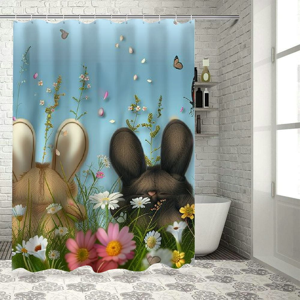 COMIO Spring Easter Shower Curtain Cartoon Two Bunny Rabbits Rush into ...
