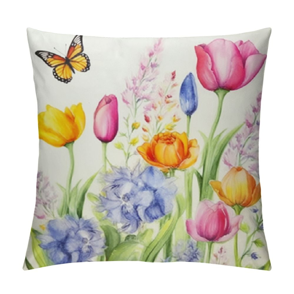 COMIO Spring Floral Pillow Cover,Tulips Lavender Flower Butterfly Throw ...