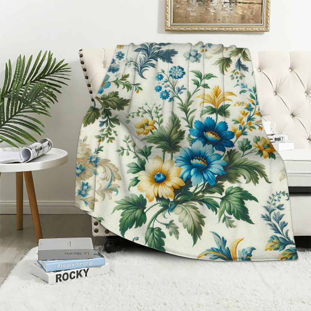 COMIO Spring Floral Throw Blanket, Blue and Yellow Watercolor Floral ...