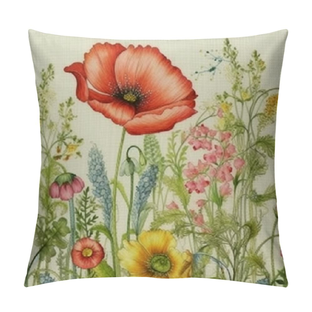 QZHH Spring Floral Throw Pillow Covers Tulips Iris Sunflower Poppy ...