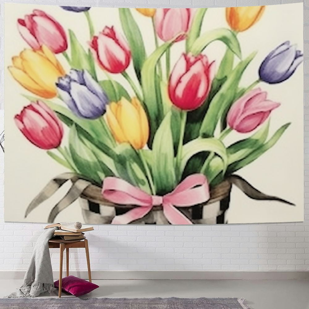 COMIO Spring Flowers Buffalo Plaid Hanging Tapestry, Easy Care ...