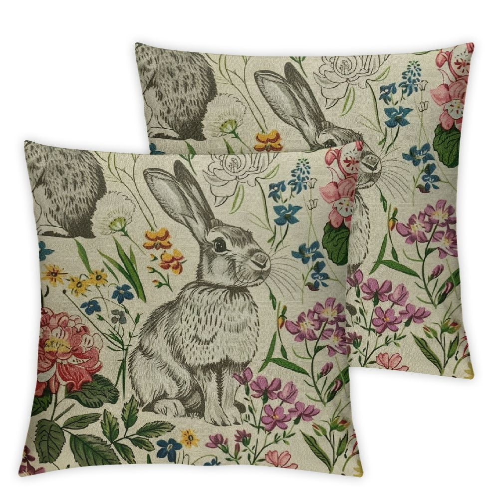QZHH Spring Pillow Covers Rabbit Bunny Pink Flower Sage Green Leaves ...