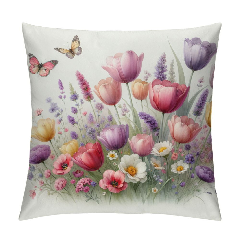 COMIO Spring Pillow Covers, Watercolor Flowers Lavender Tulip Throw ...