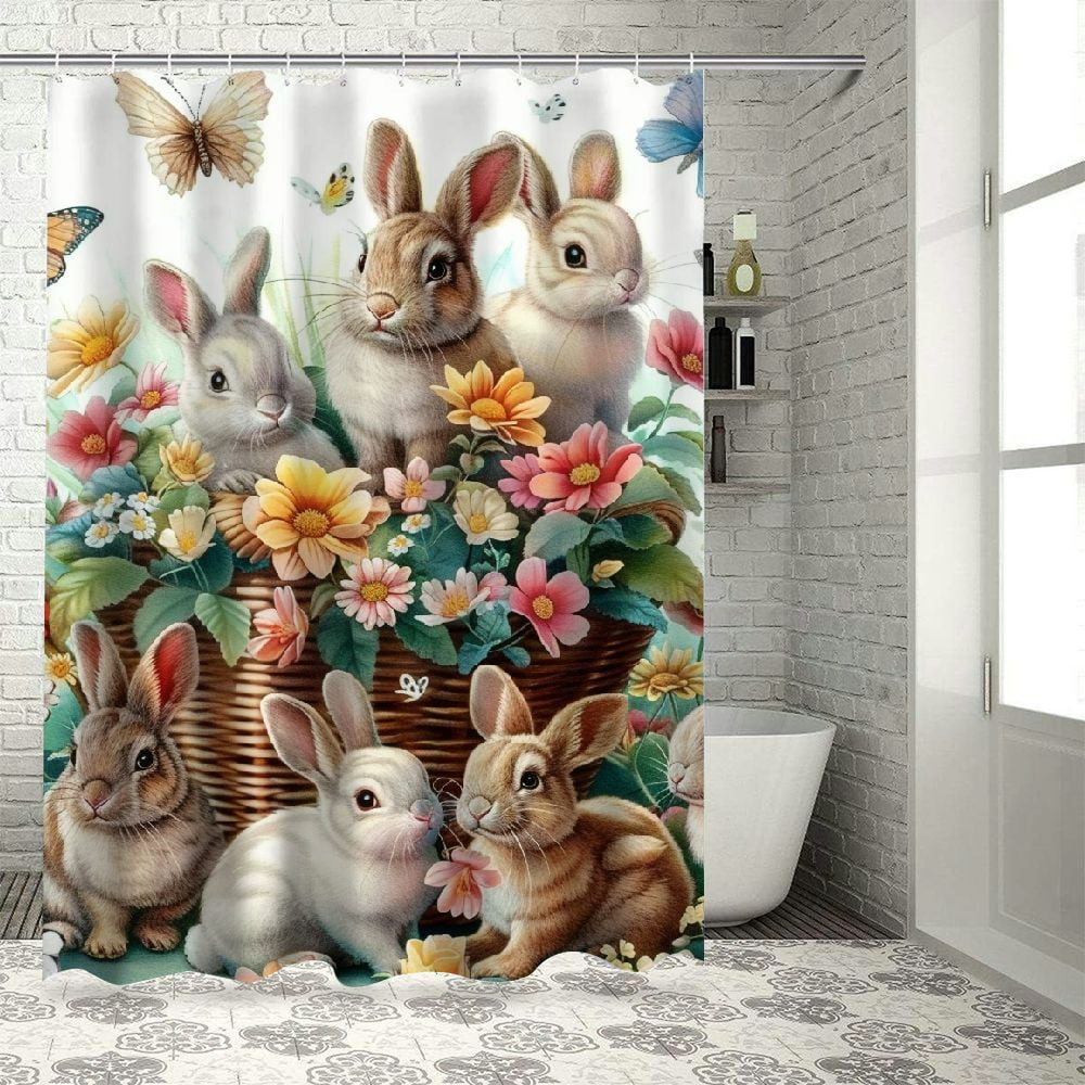 COMIO Spring Shower Curtain, Easter Happiness Delicate Rabbits in ...