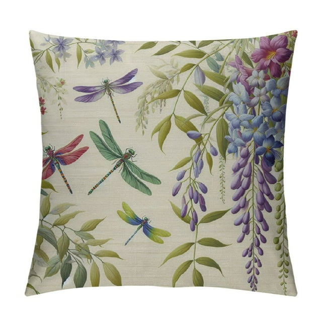COMIO Spring Summer Flowers Lumbar Pillow Covers Watercolor Purple Wisteria Dragonfly Floral ...