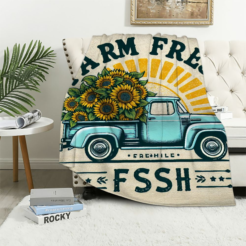 COMIO Spring Sunflower Truck Blanket, Farmhouse Pickup Blue Truck ...