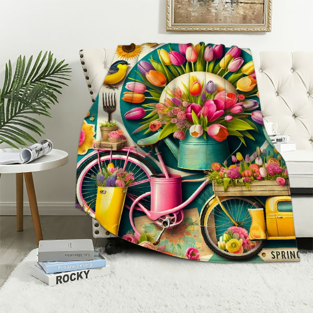 COMIO Spring Theme Throw Blanket Farmhouse Floral Tulip Blanket Throw ...