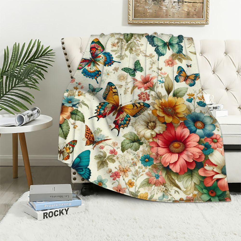 COMIO Spring Throw Blanket Wildflowers Butterfly Blanket Green Wild ...